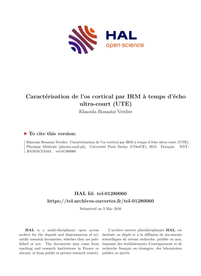 Applications de l’UTE dans l’os cortical - : IRM-UTE