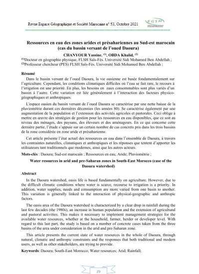Ressources en eau des zones arides et présahariennes au Sud-est ...
