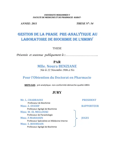 Gestion de la phase pré analytique au laboratoire de biochimie de l’HMIMV