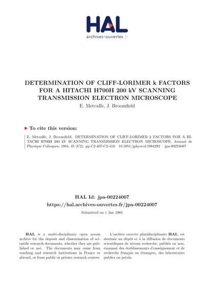 DETERMINATION OF CLIFF-LORIMER k FACTORS FOR A HITACHI H700H 200 kV ...