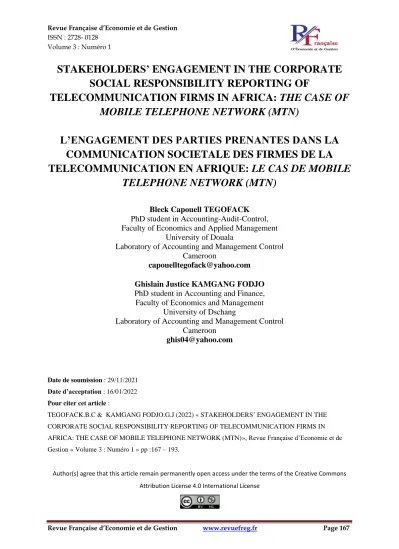 Vue de STAKEHOLDERS’ ENGAGEMENT IN THE CORPORATE SOCIAL RESPONSIBILITY ...