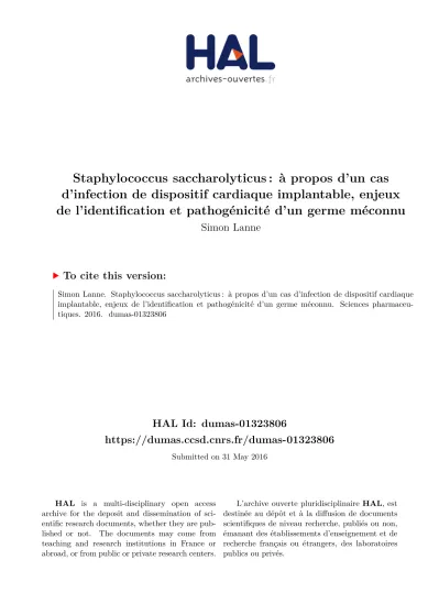 Staphylococcus saccharolyticus : à propos d’un cas d’infection de ...