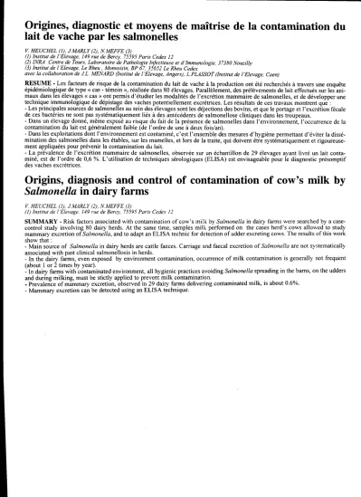 Origines, diagnostic et moyens de maîtrise de la contamination du lait ...