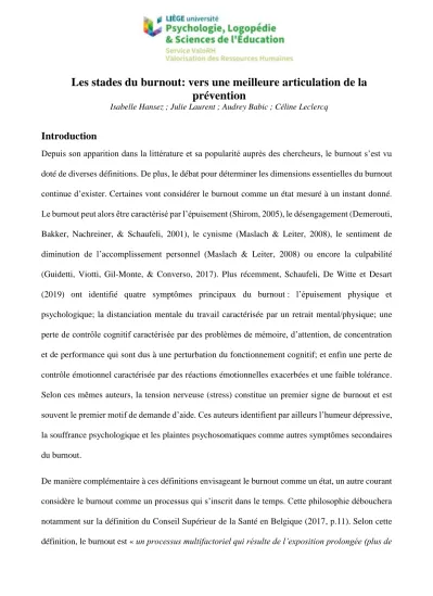 Les stades du burnout: vers une meilleure articulation de la prévention ...