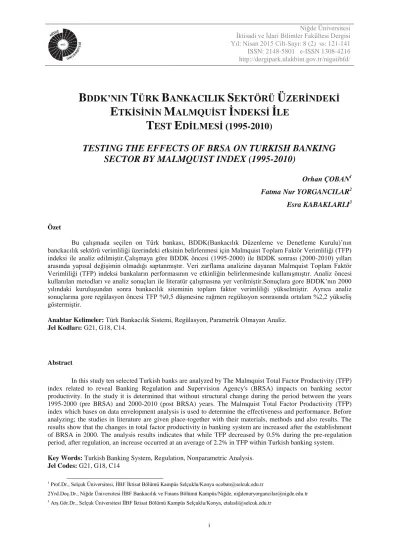 TESTING THE EFFECTS OF BRSA ON TURKISH BANKING SECTOR BY MALMQUIST ...