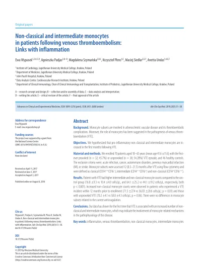 Non-classical and intermediate monocytes in patients following venous ...